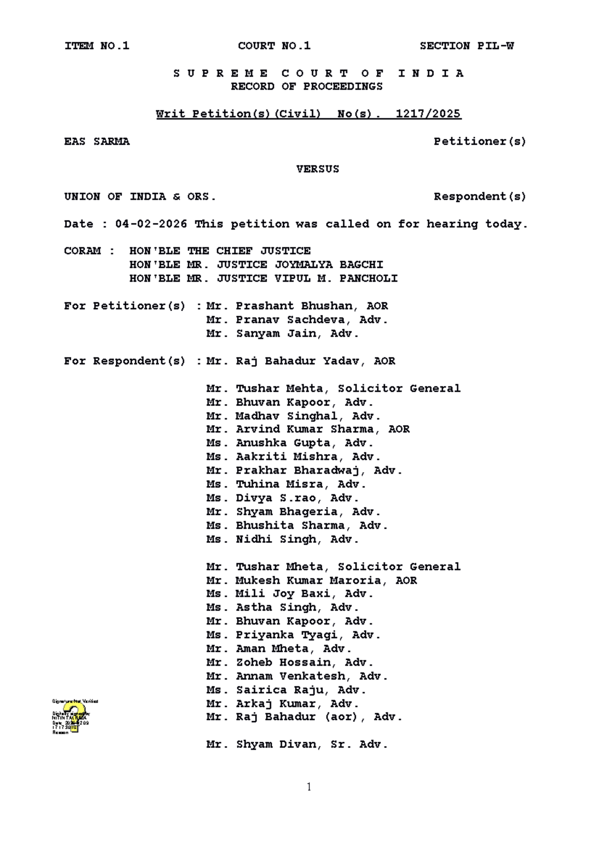 Writ Petition (Civil) No. 1 of 2026: Supreme Court Proceedings - Studocu