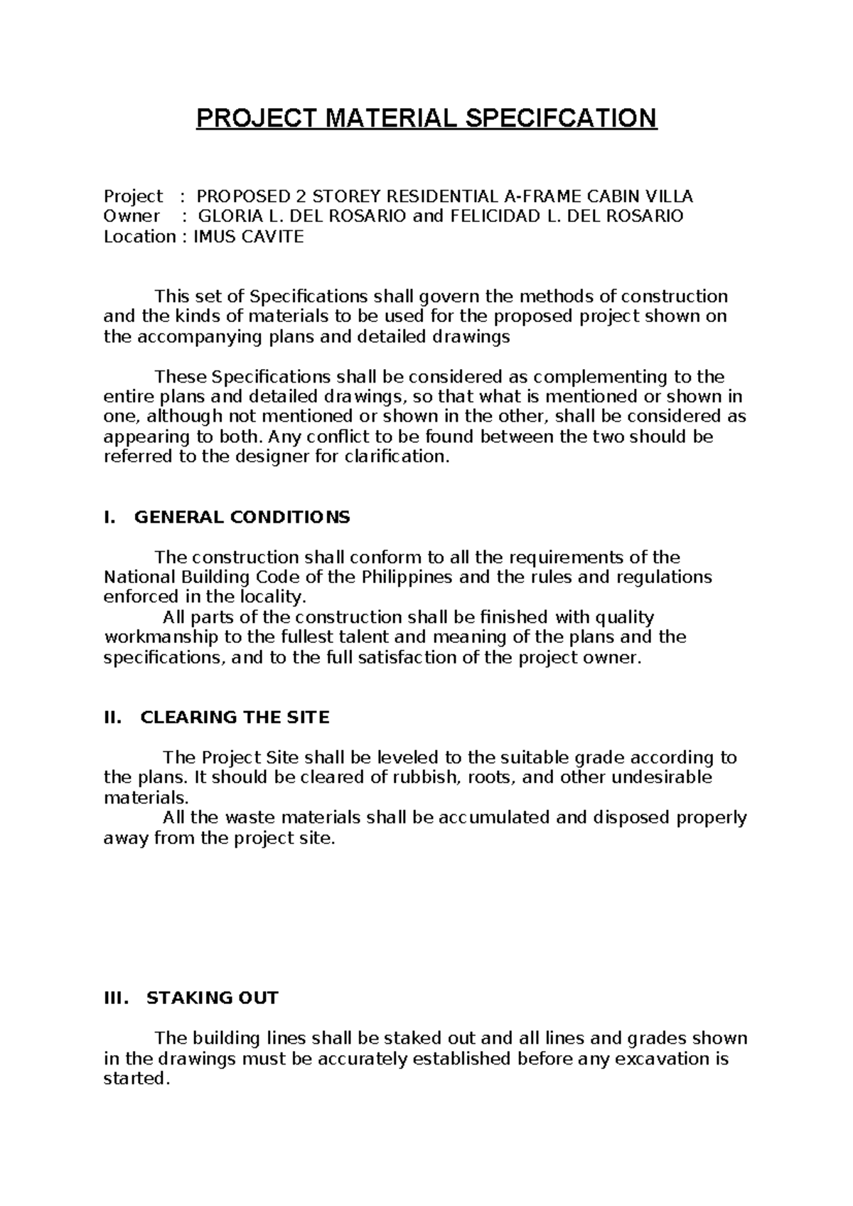 Project Material Specifications for Proposed 2-Storey Cabin Villa - Studocu