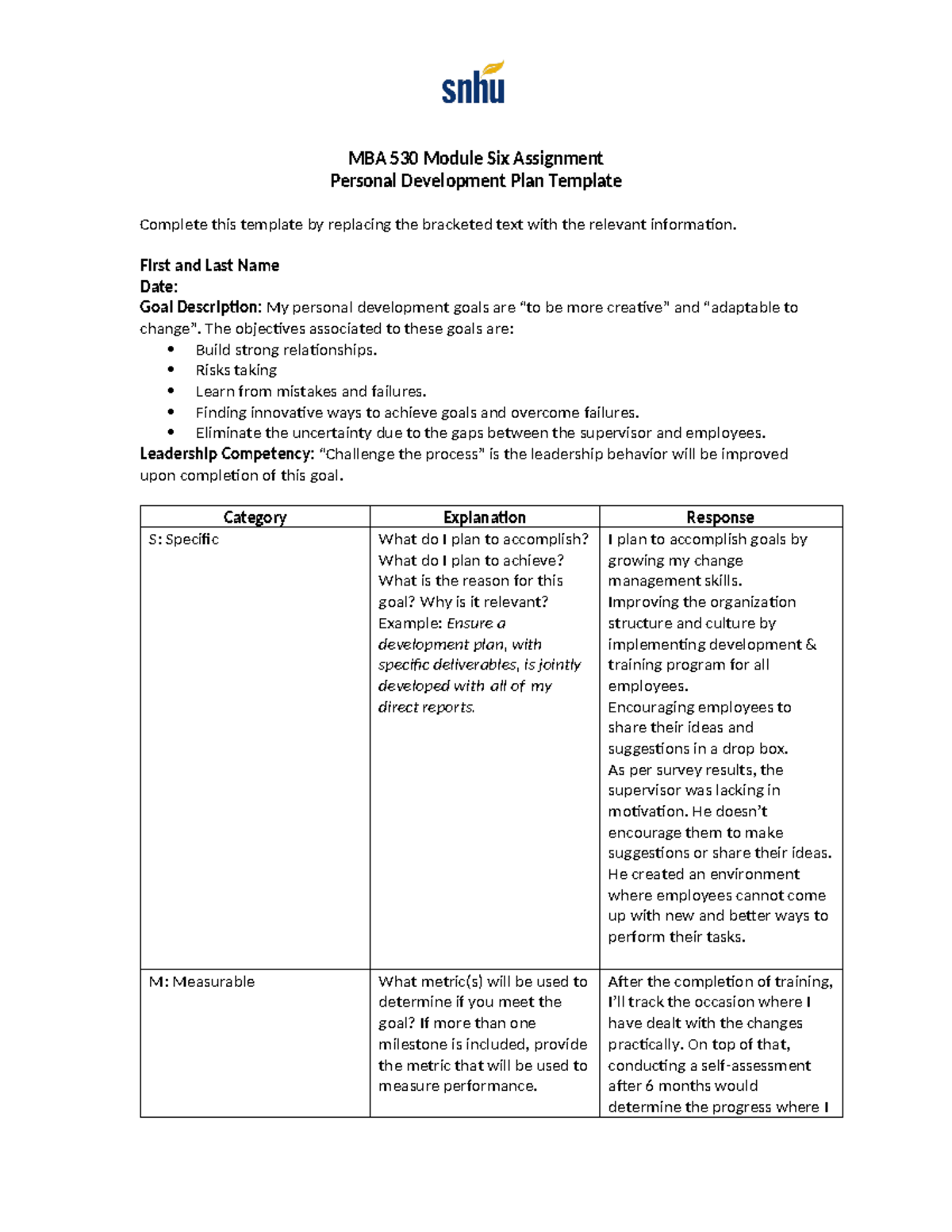MBA 530 Module Six Personal Development Plan Assignment Template - Studocu