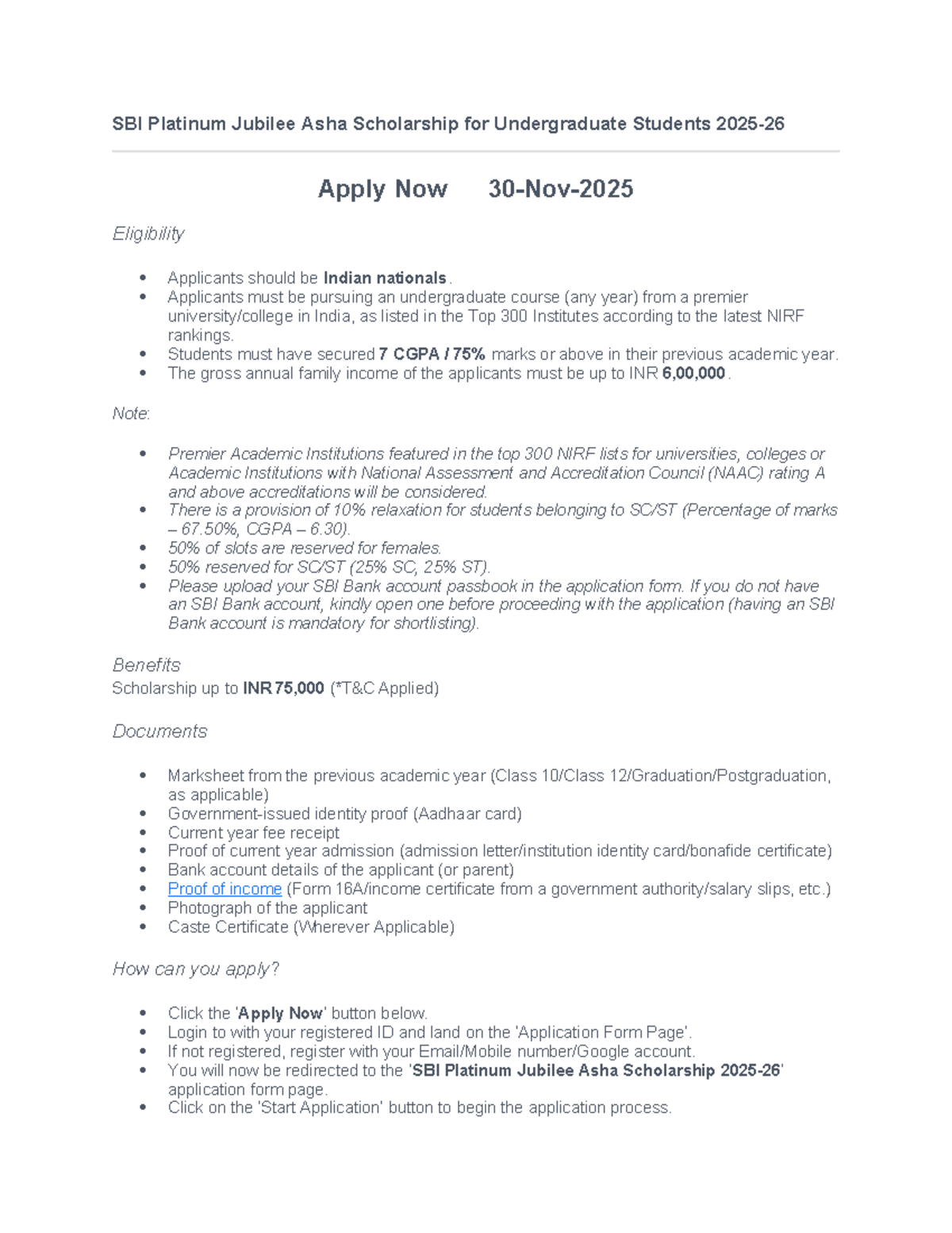 SBI Platinum Jubilee Asha Scholarship for UG Students: Apply Now - Studocu
