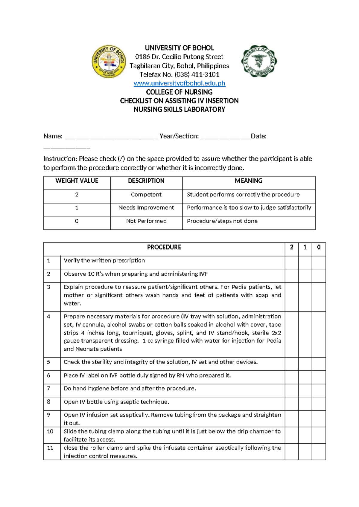 NURS 0186 Checklist for Assisting IV Insertion Skills Lab - Studocu