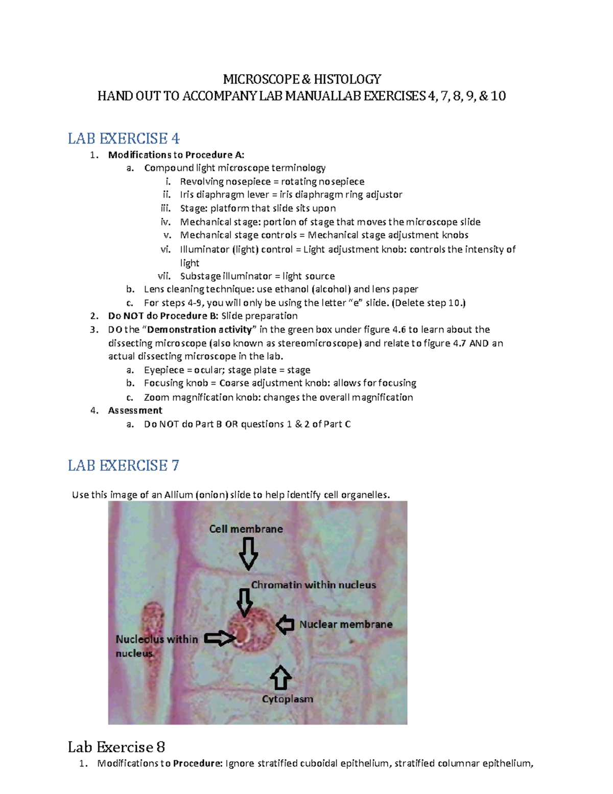 MICR 101: Microscope Histology Lab Handout for Exercises 4-10 - Studocu
