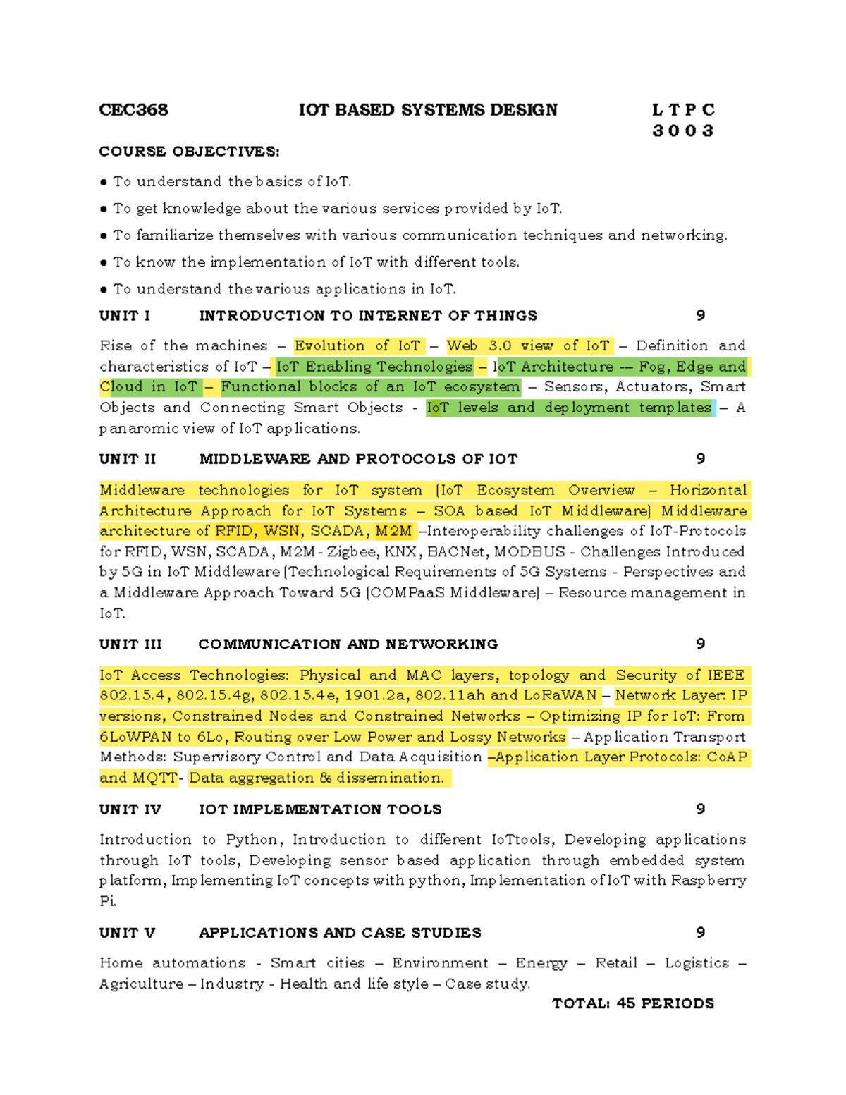 CEC368 IoT Based Systems Design: Course Overview and Units - Studocu