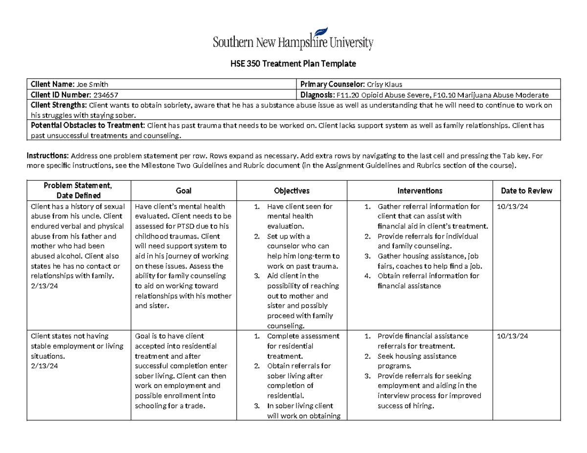 HSE 350 Comprehensive Treatment Plan for Joe Smith - Studocu