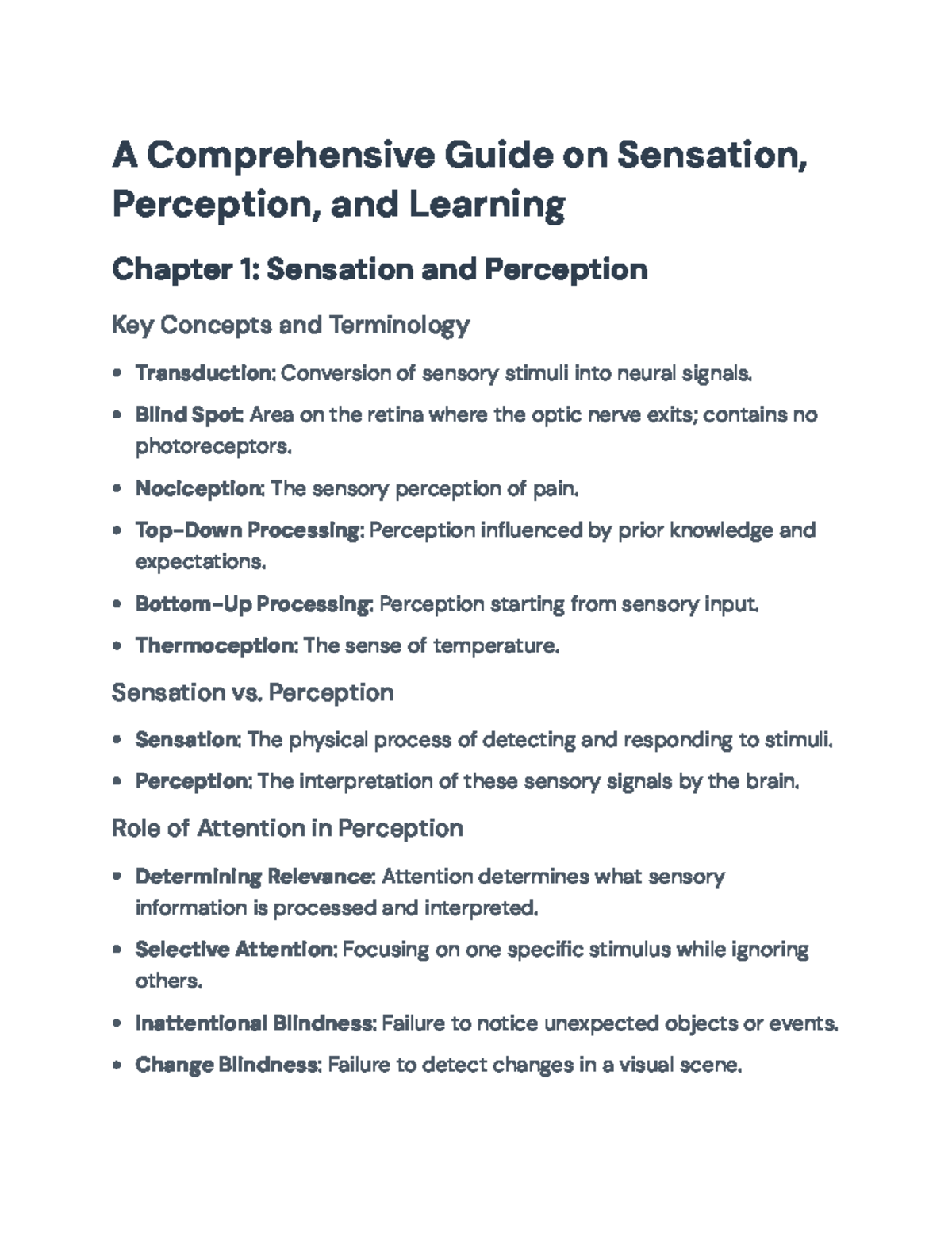 Comprehensive Overview of Sensation, Perception & Learning (PSY101) - Studocu