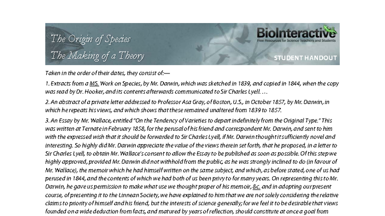 The Origin of Species: The Making of a Theory - STUDENT HANDOUT - Studocu