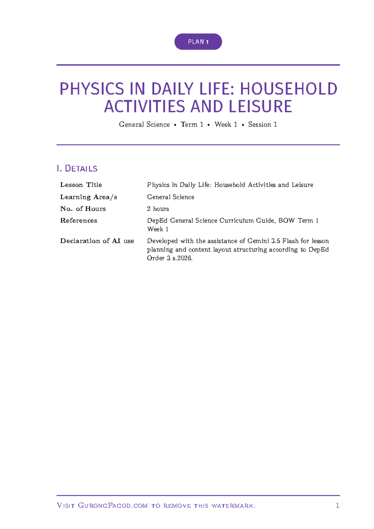 PLAN 1: Physics in Daily Life - Household Activities & Leisure (Gen Sci ...
