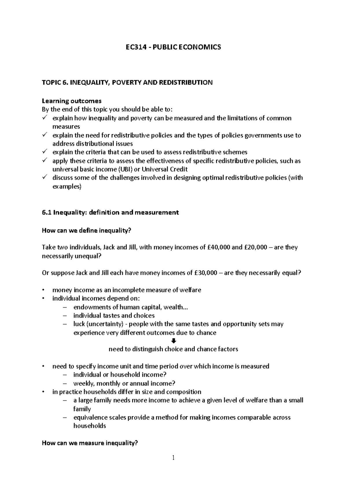 EC314 Handout 6: Inequality, Poverty & Redistribution Explained - Studocu