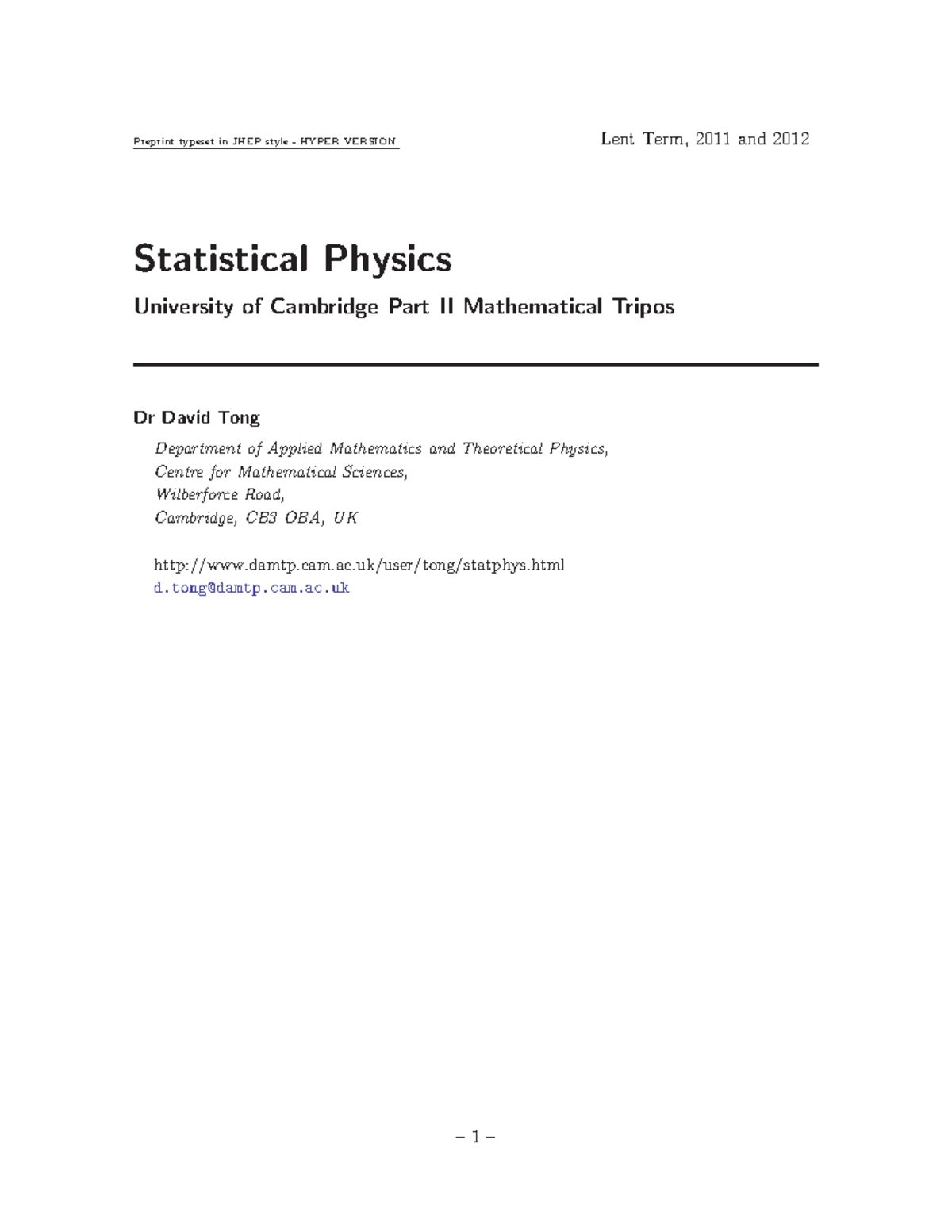 David tong statistical physics - Preprint typeset in JHEP style - HYPER ...