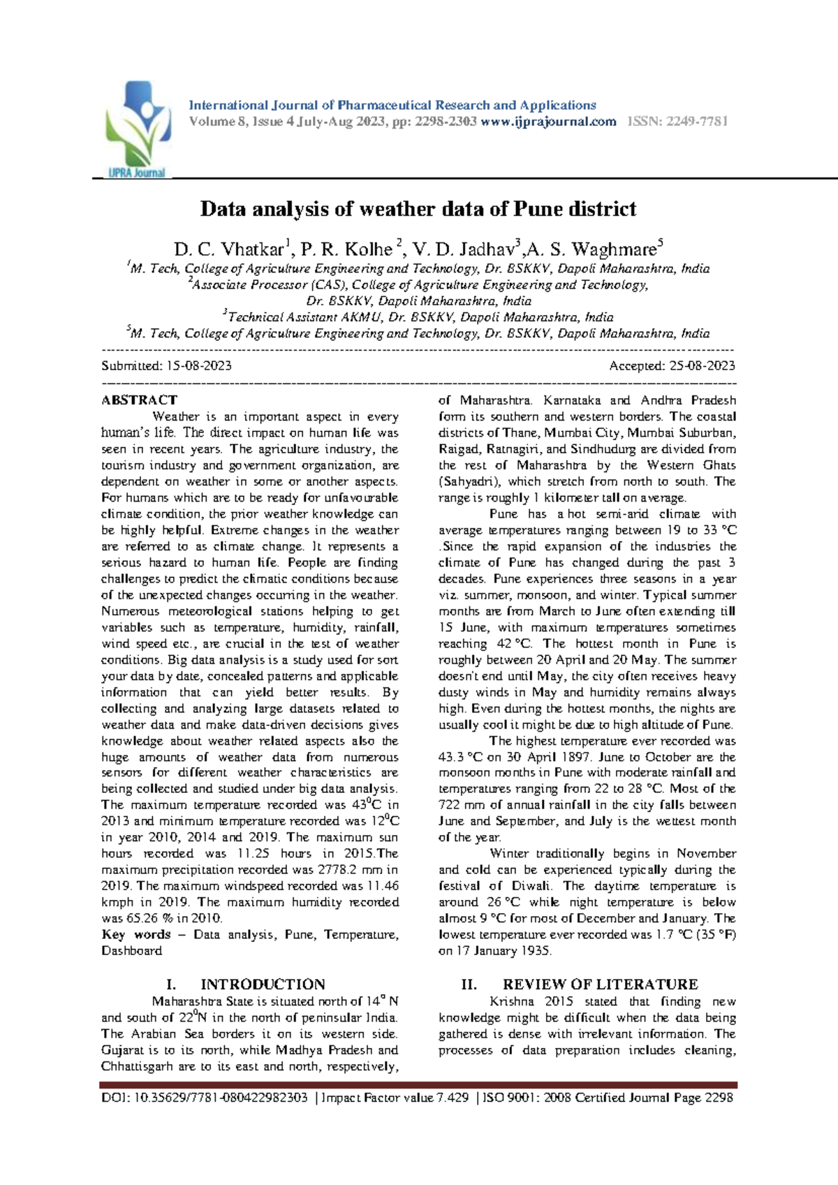 Data analysis of weather data of Pune district - C. Vhatkar 1 , P. R ...