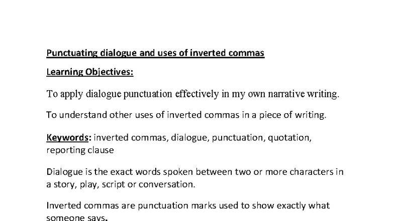 WEEK 3 NOTES - Punctuating Dialogue & Inverted Commas - Studocu