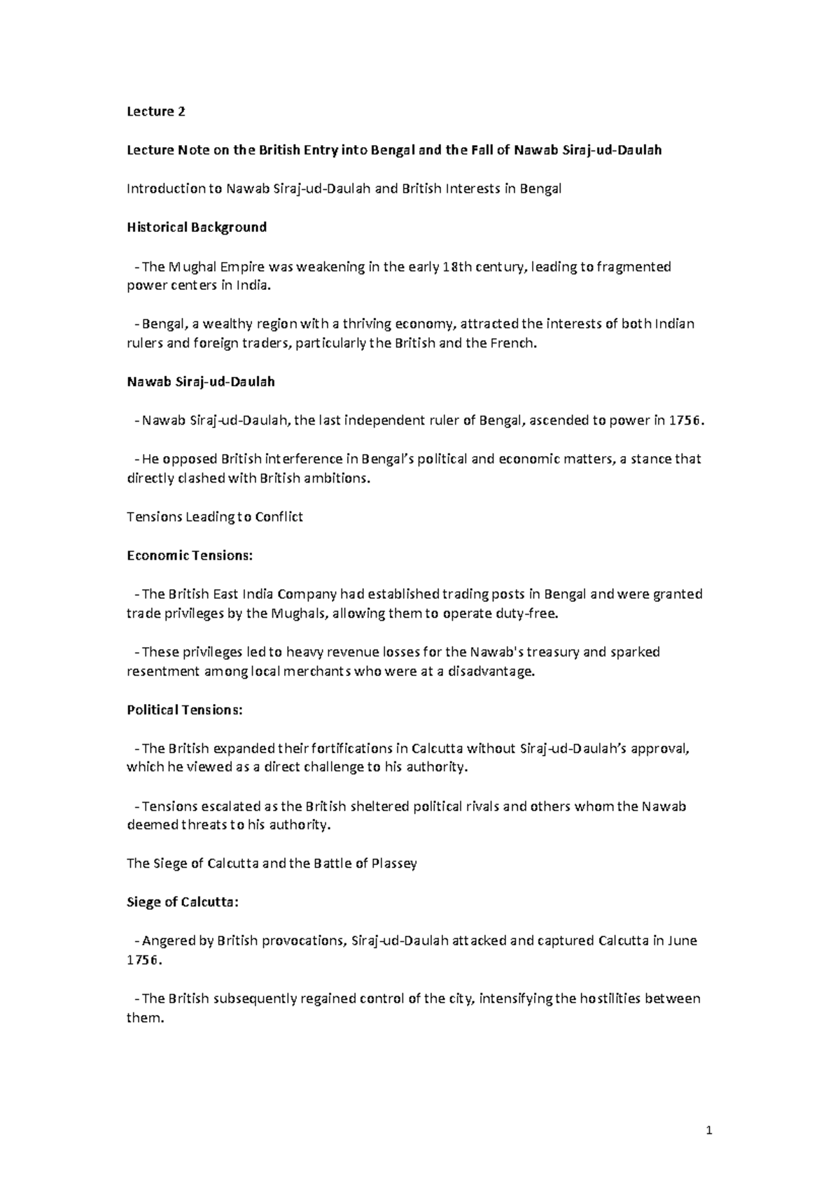 GEN 226 Lecture 2 - The British Entry into Bengal and Nawab's Fall - Studocu