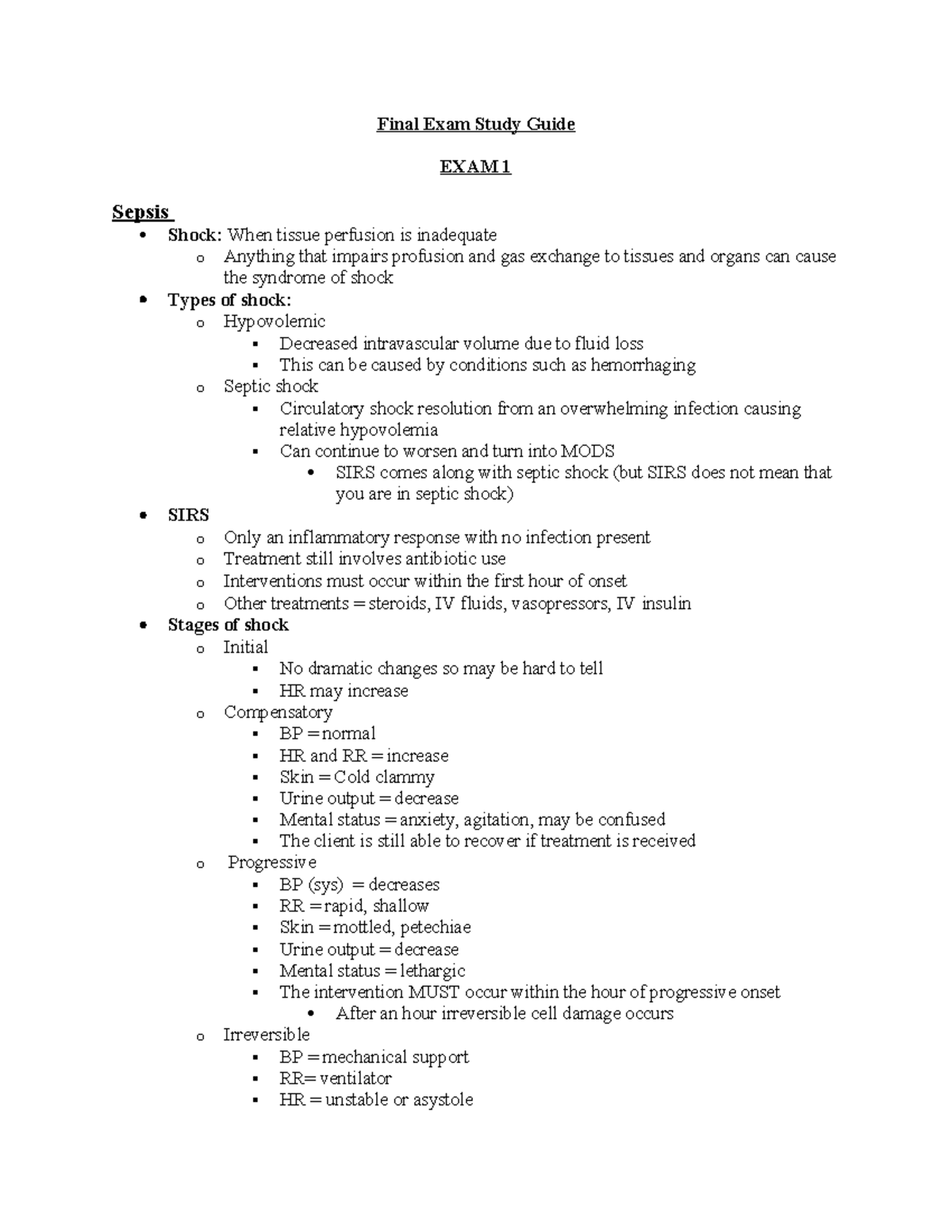 Final Exam Study Guide - Final Exam Study Guide EXAM 1 Sepsis Shock ...