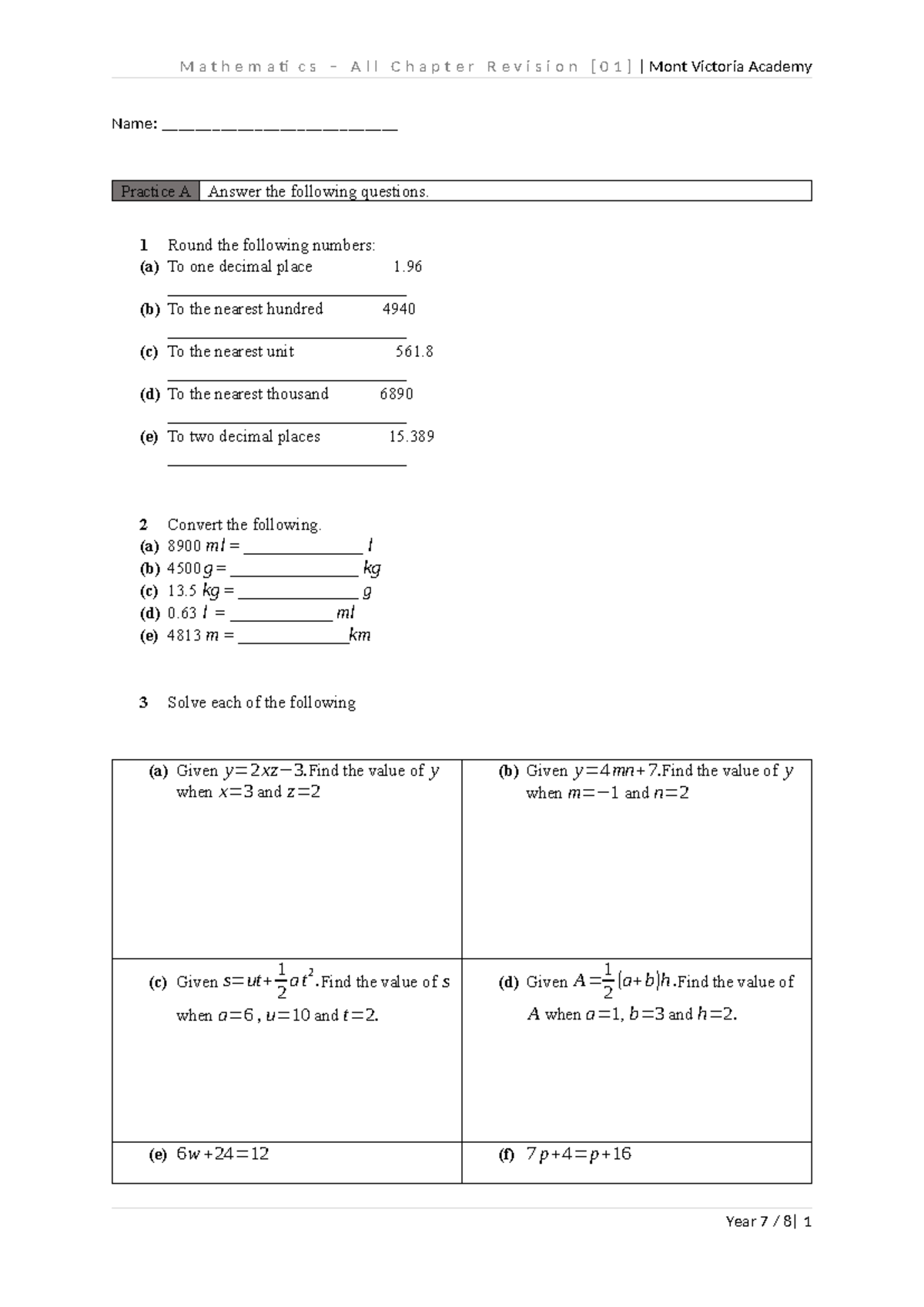 Maths Revision 1 - Practice Questions for Year 7 - Studocu