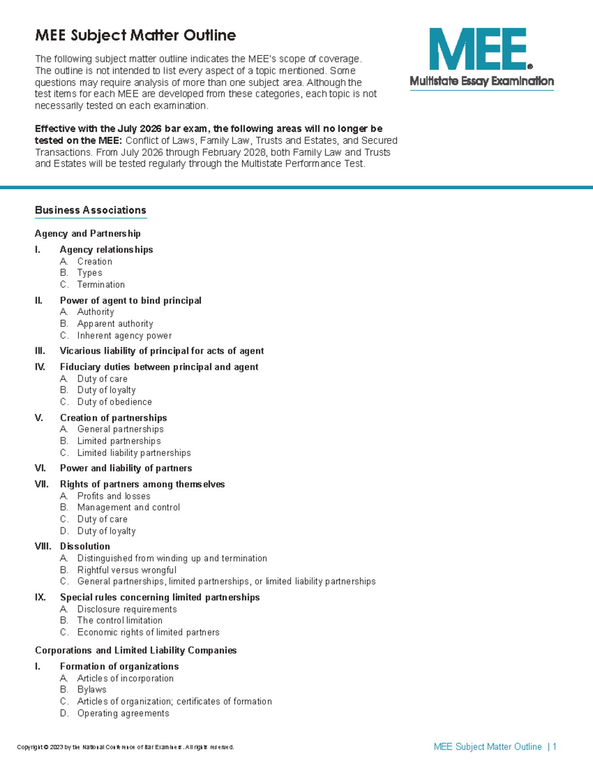 MEE Subject Matter Outline: Key Areas for Bar Exam Preparation - Studocu