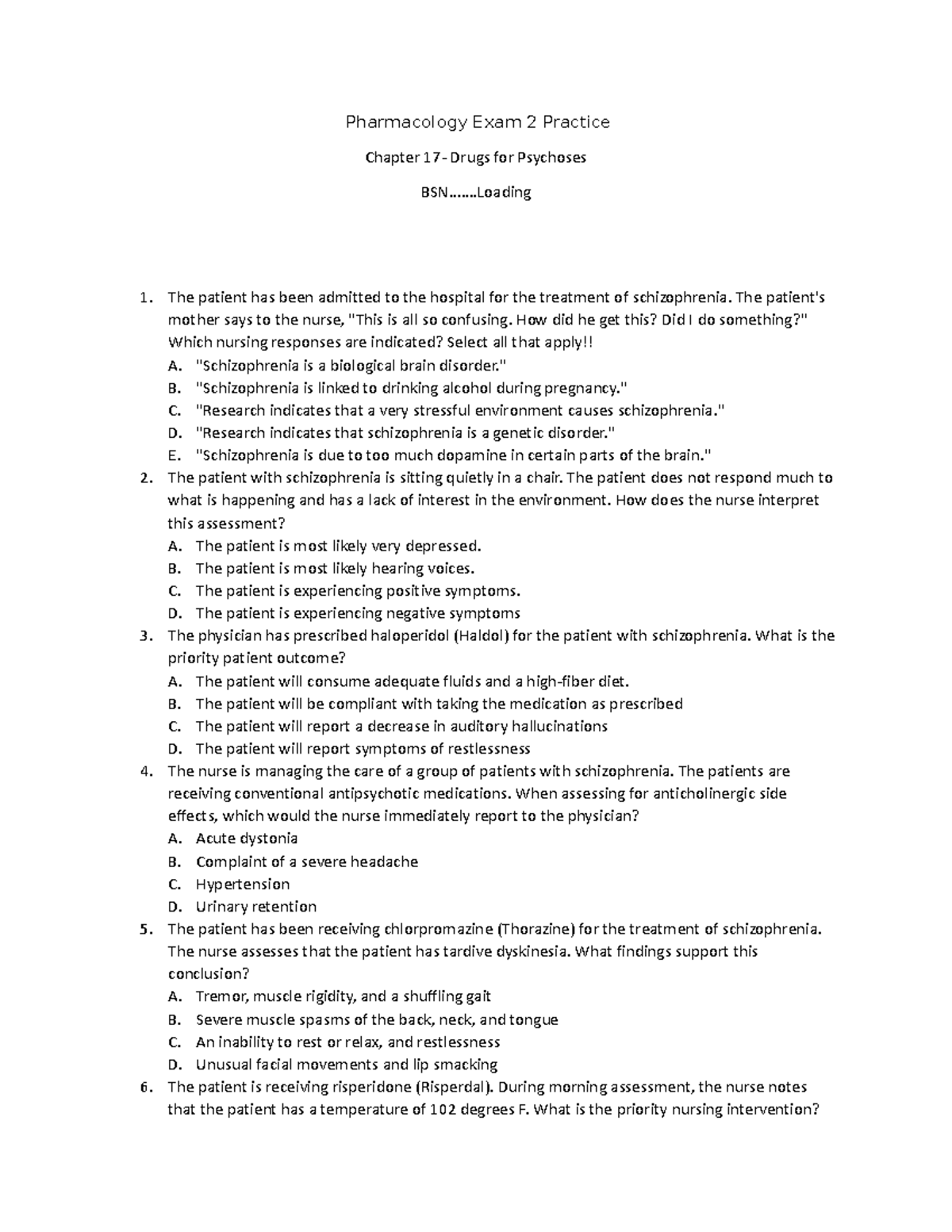 Pharmacology Exam 2 Practice - Pharmacology Exam 2 Practice Chapter 17 ...