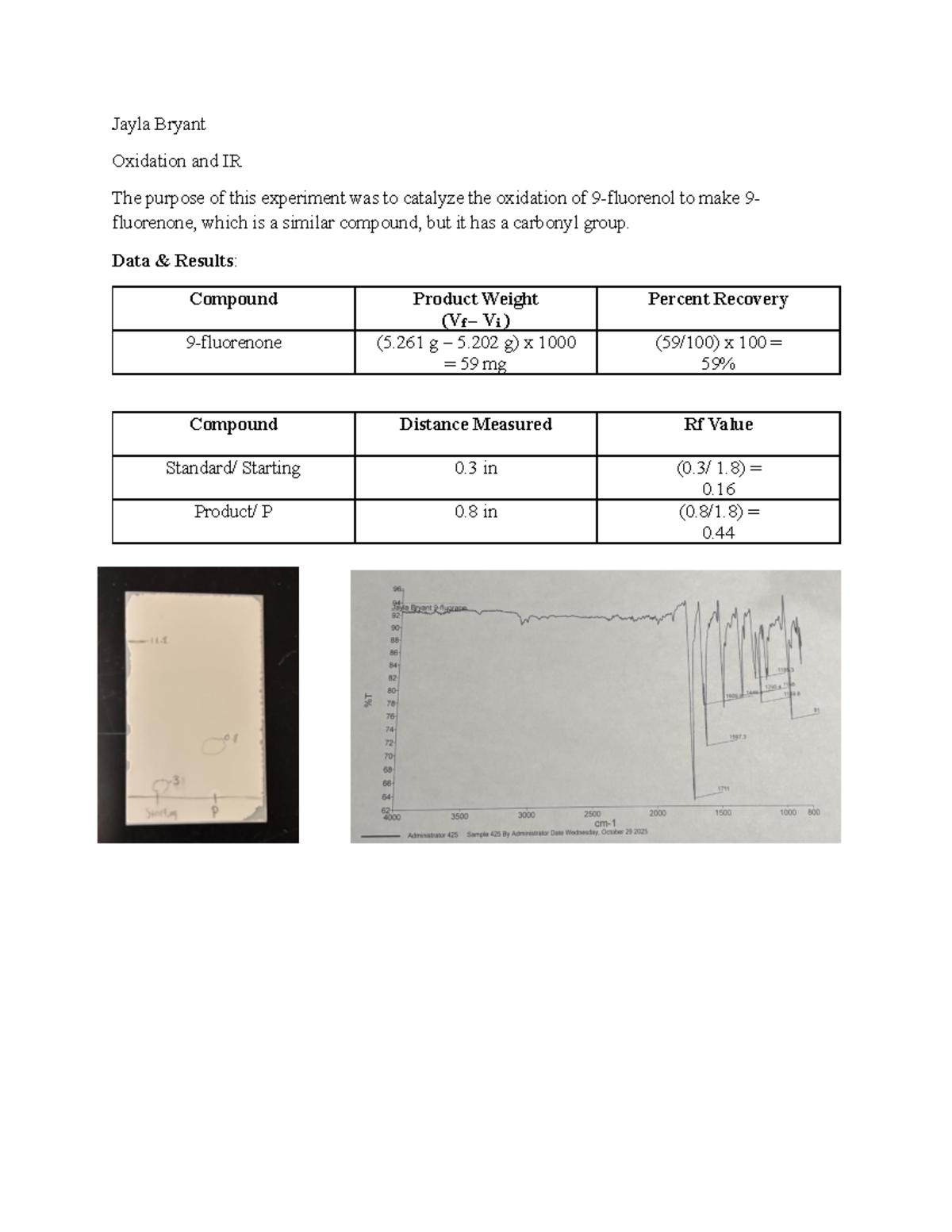 Oxidation Lab Report: Synthesis of 9-Fluorenone via TLC and IR Analysis ...