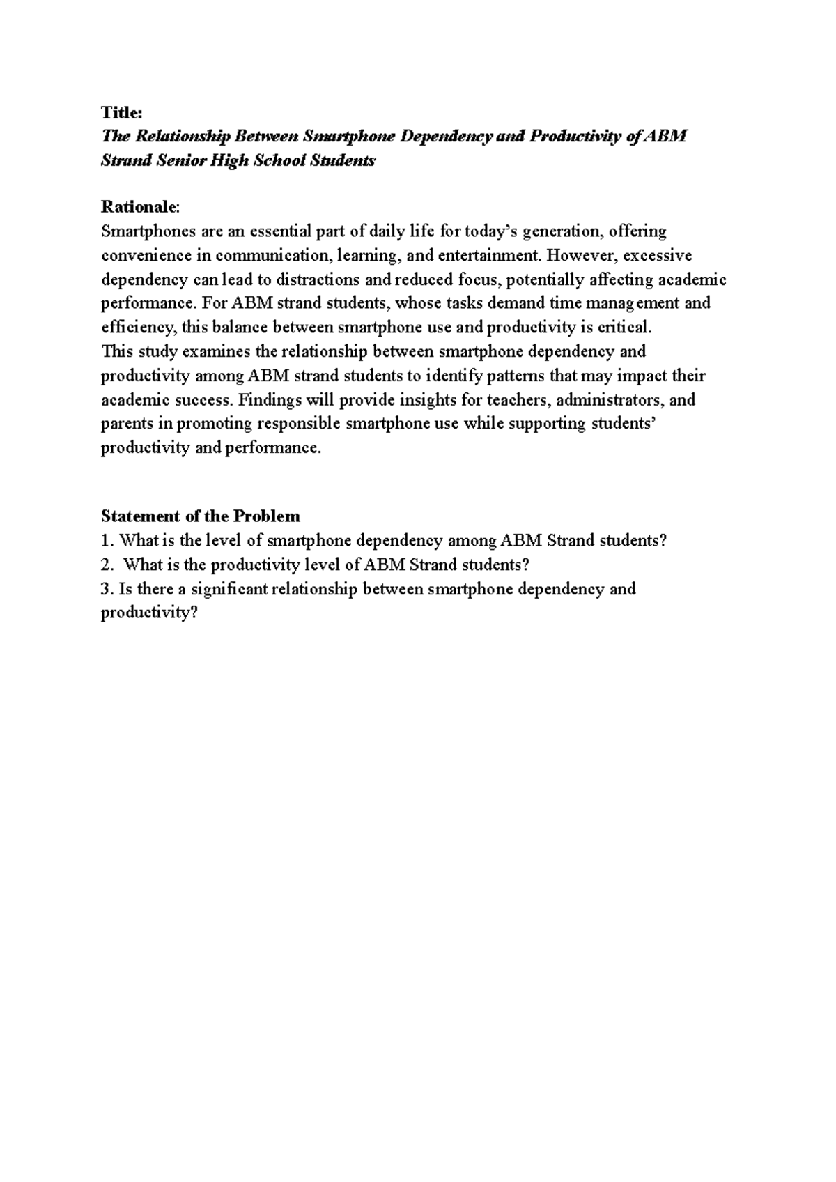 Impact of Smartphone Dependency on ABM Strand Students' Productivity ...