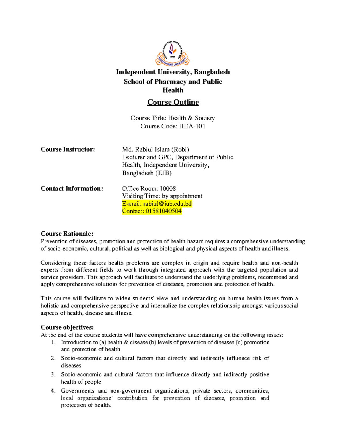 Course Outline: Health & Society (HEA 101) - Semester Overview - Studocu