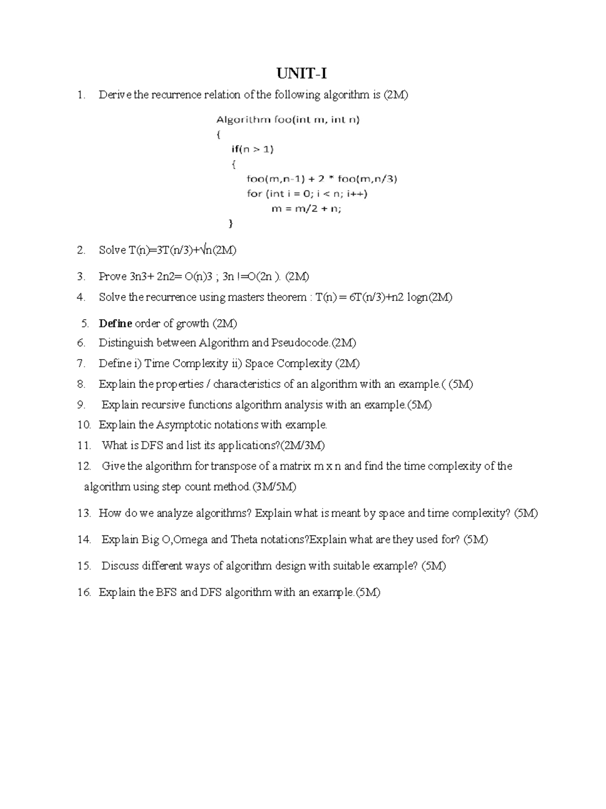 DAA Imp Questions: Recurrence Relations, Complexity, and Algorithms - Studocu