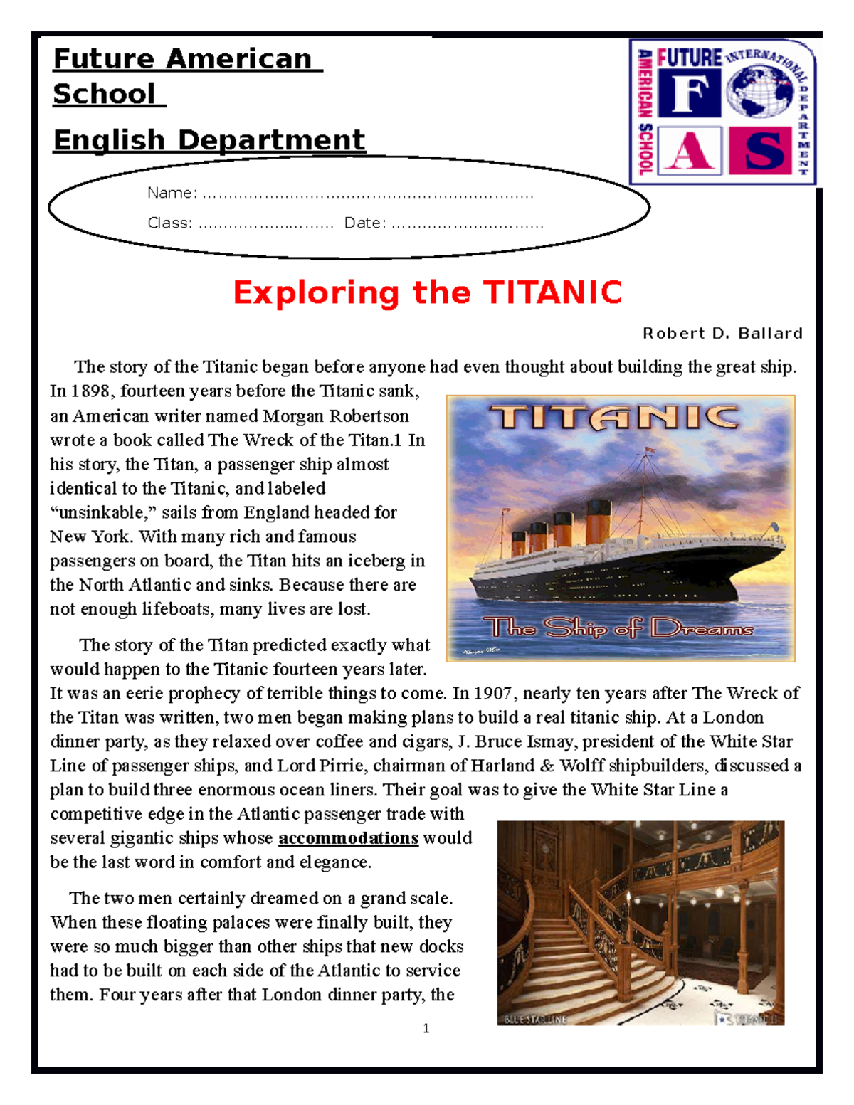 Exploring the Titanic - Reading Text - Exploring the TITANIC Robert D ...