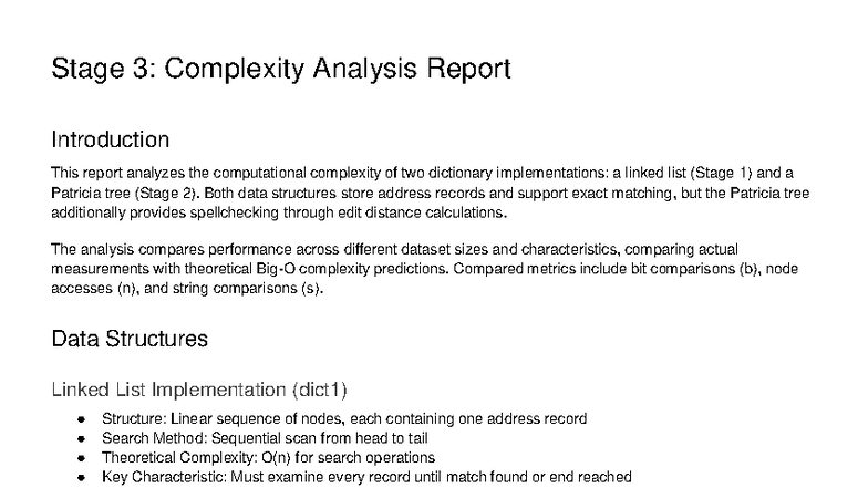 Stage 3: Complexity Analysis of Linked List vs Patricia Tree - Studocu