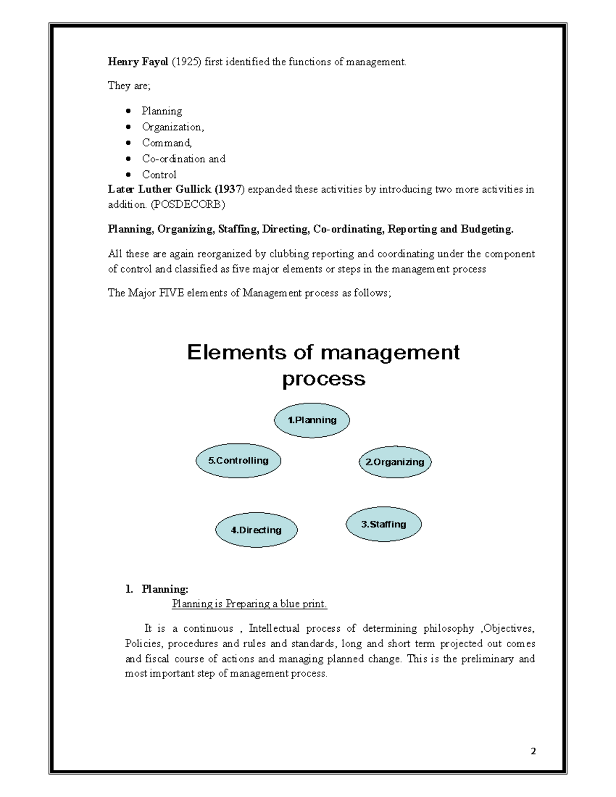 Element of management - Ϯ +HQU\ )D\RO ILUVW LGHQWLILHG WKH IXQFWLRQV RI ...