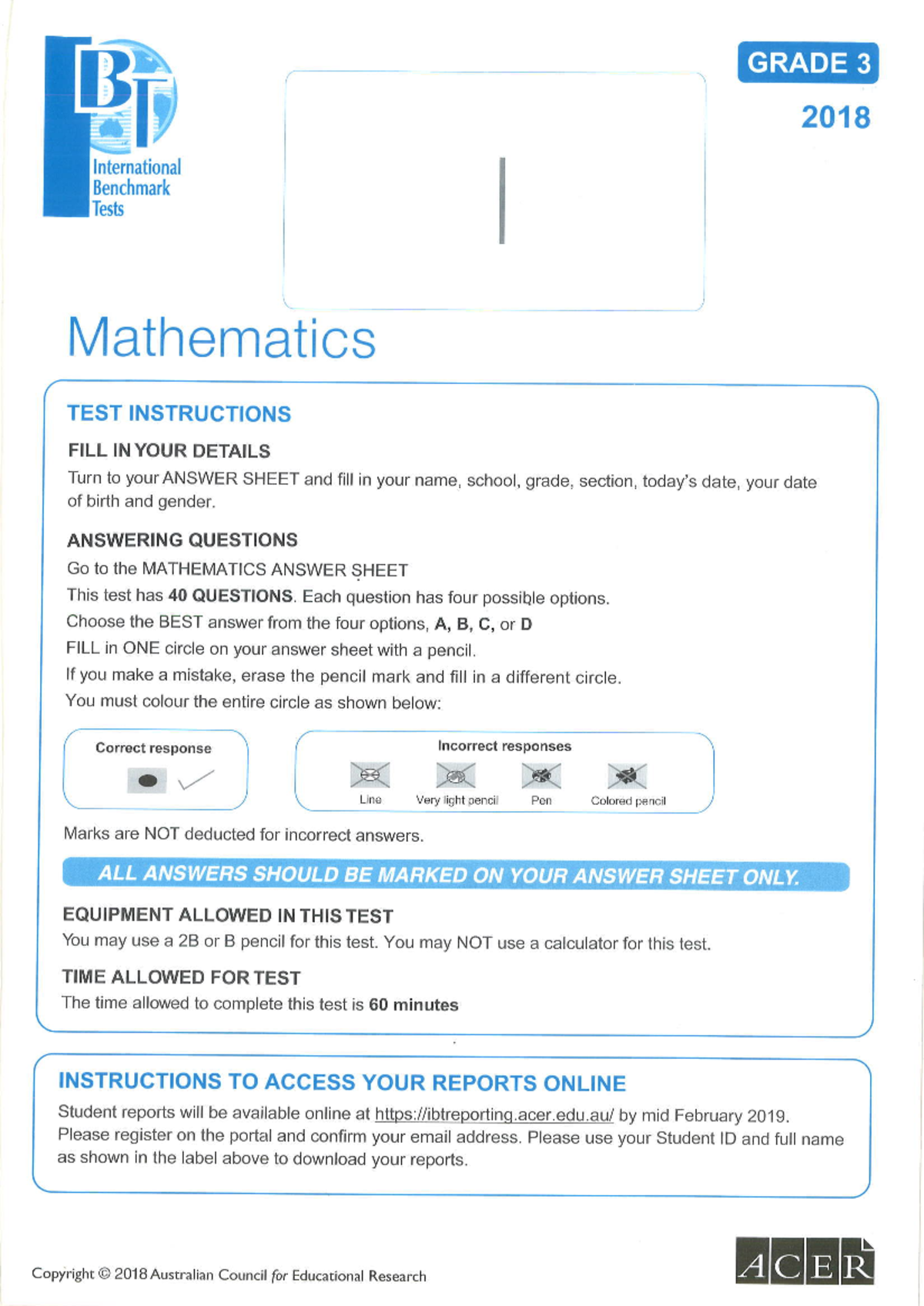 BT GRADE 3 2018 International Benchmark Tests Mathematics Instructions ...