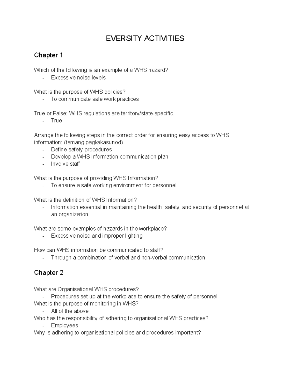 Eversity WHS Activities: Comprehensive Study Notes for Exam Prep - Studocu