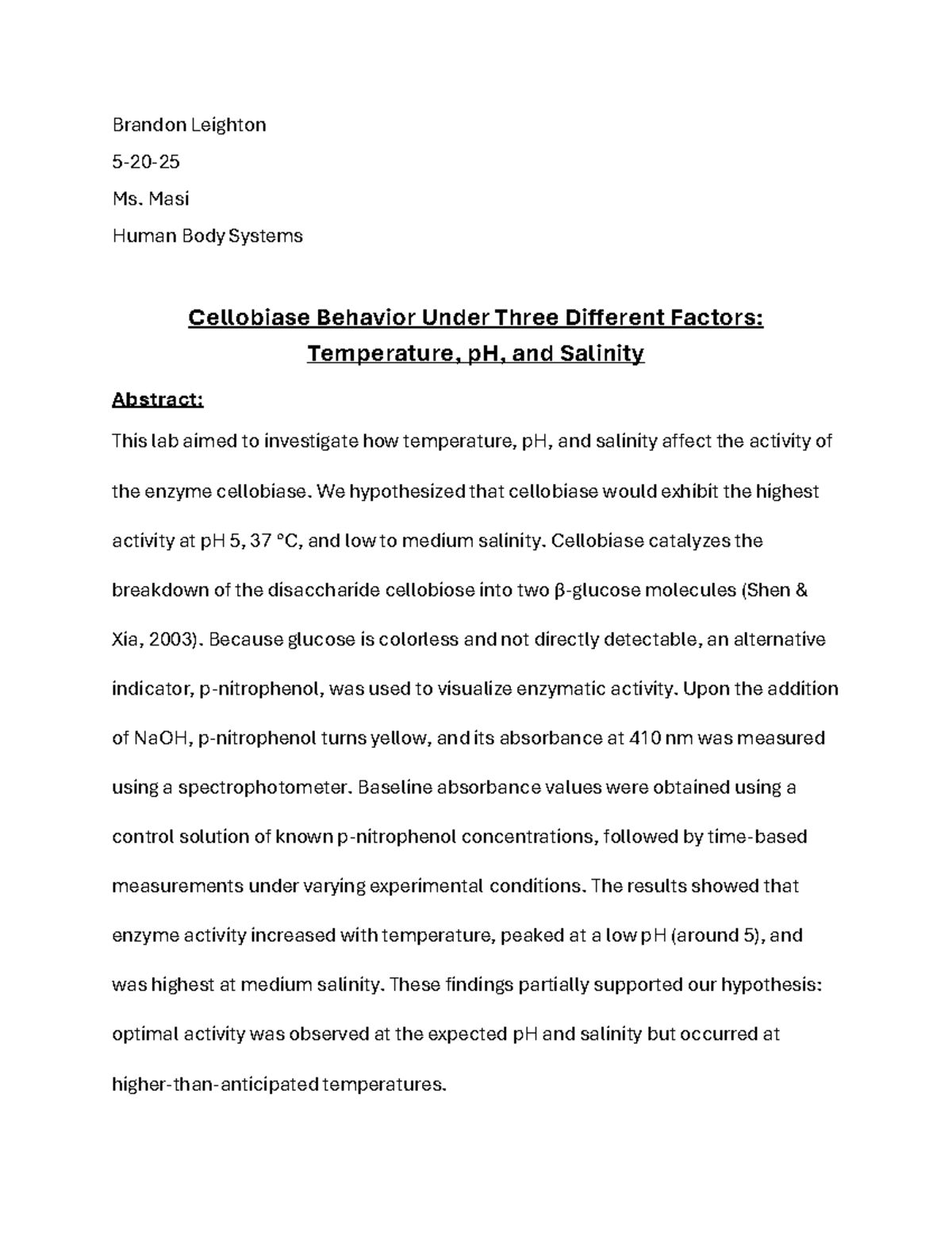 Cellobiase Lab Report: Effects of Temp, pH & Salinity on Enzyme ...
