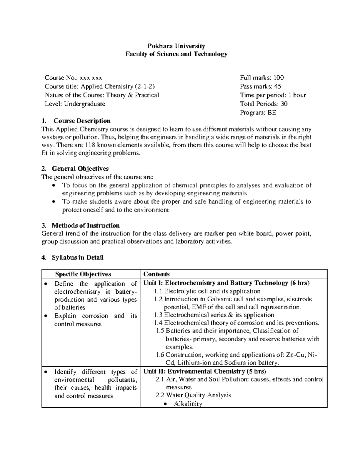 Applied Chemistry Course Notes - BE Program (xxx xxx) - Studocu