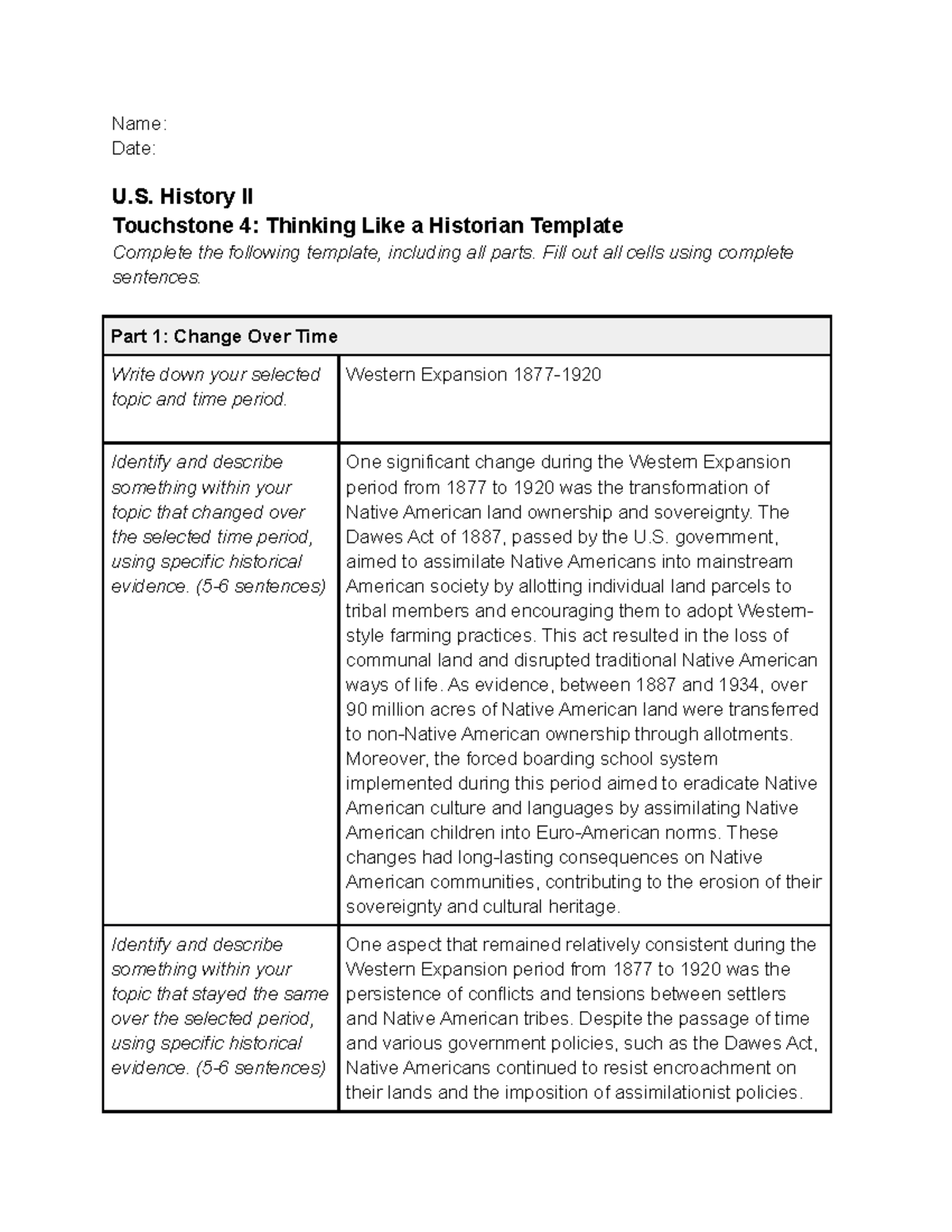 U.S. History II Touchstone 4: Thinking Like a Historian Template - Studocu