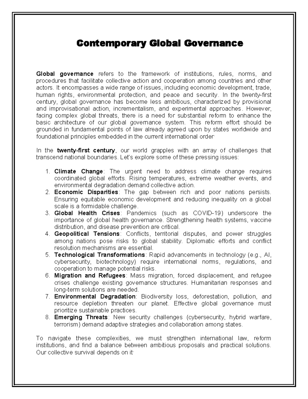 Contemporary Global Governance: Challenges and Reform Strategies - Studocu