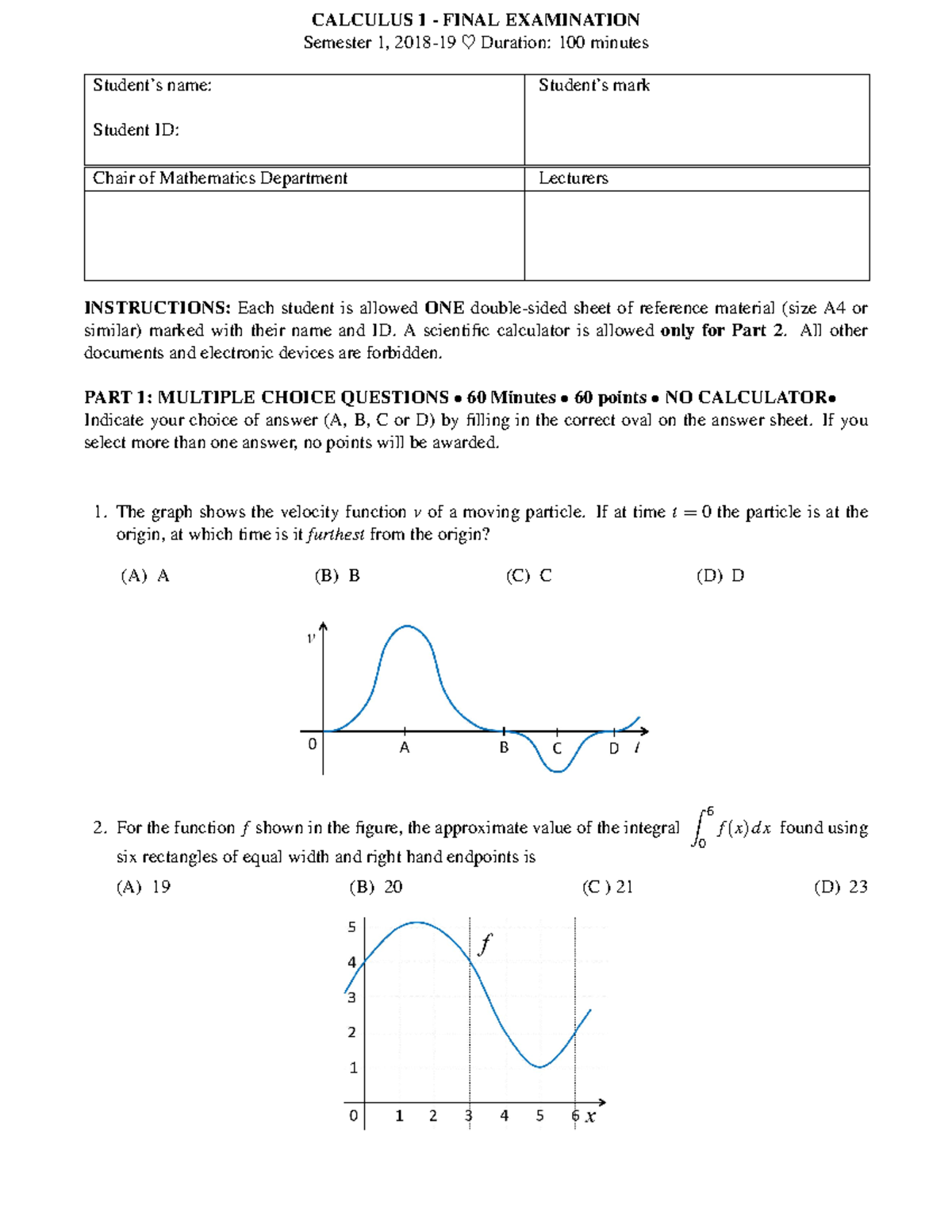 CALCULUS 1 - FINAL EXAMINATION SEM 1, 2018-19: Exam Details & Questions ...