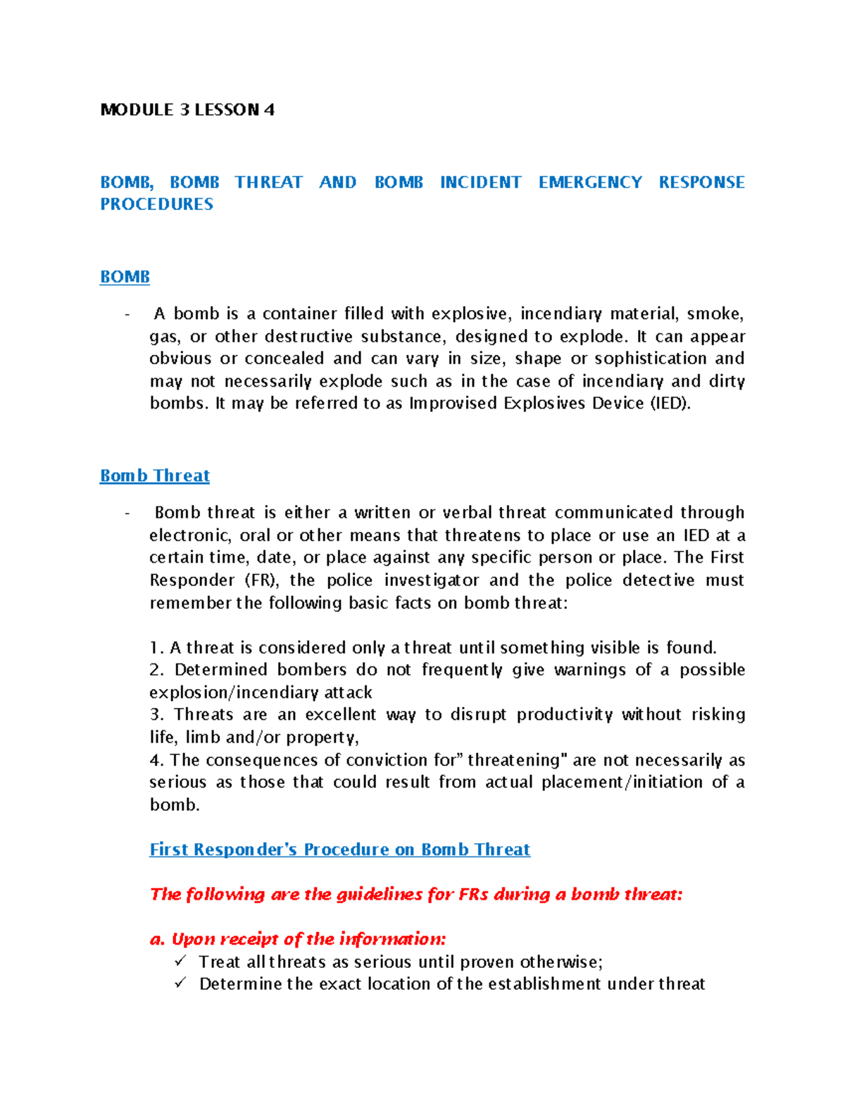 Emergency Response Procedures for Bomb Threats (MOD 3 LES 4) - Studocu