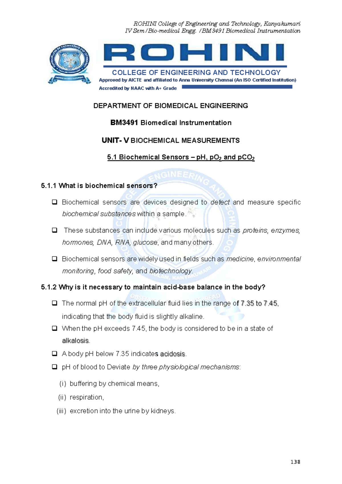 BM3491 Biomedical Instrumentation V: Biochemical Measurements Notes ...