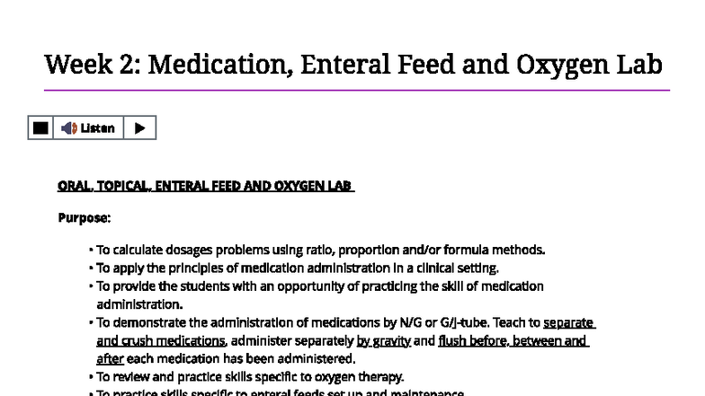 Week 2: Medication, Enteral Feed & Oxygen Lab (PNUR145) - Studocu
