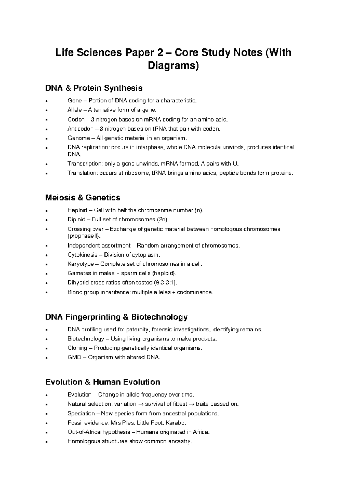 Life Sciences Paper 2 Study Notes: DNA & Genetics Concepts - Studocu