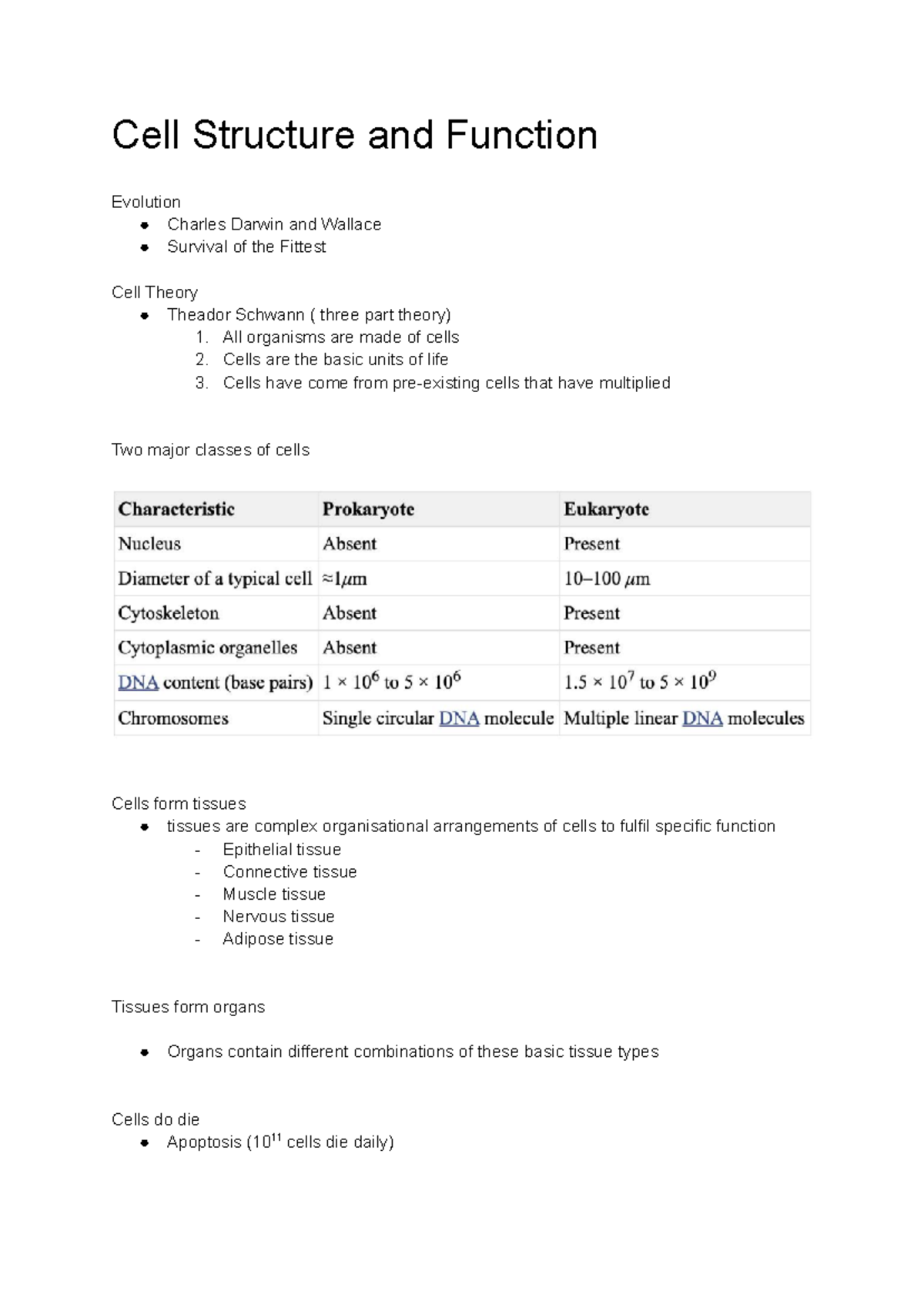 BIOL1008 1908 notes - Cell Structure and Function Evolution Charles ...