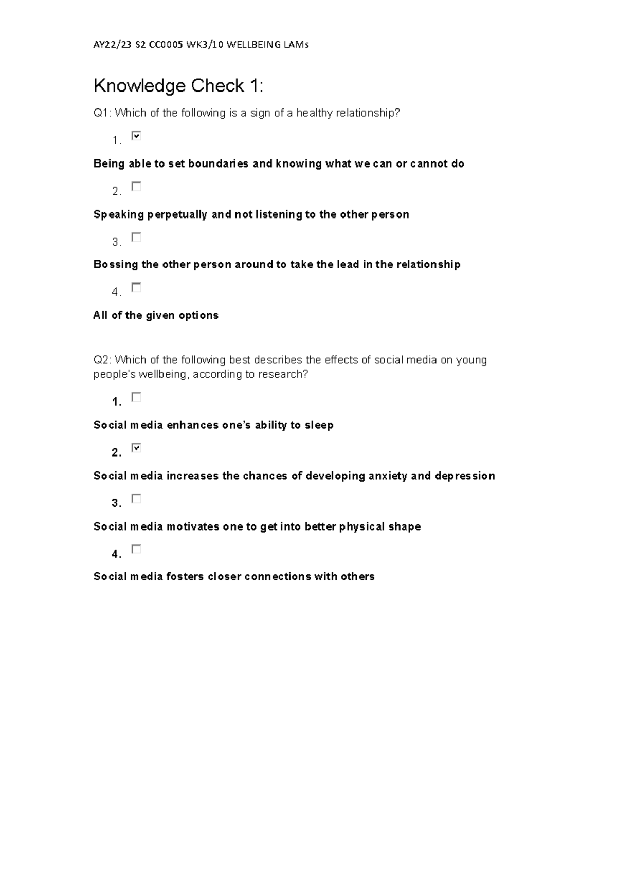 Cc0005 Wellbeing Knowledge Checks and Self-Reflection Questions - Studocu