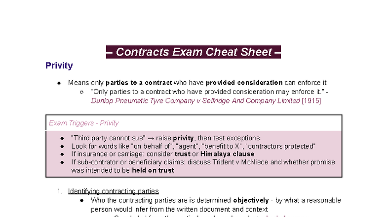 Contracts Exam Cheat Sheet: Key Concepts and Case Summaries - Studocu