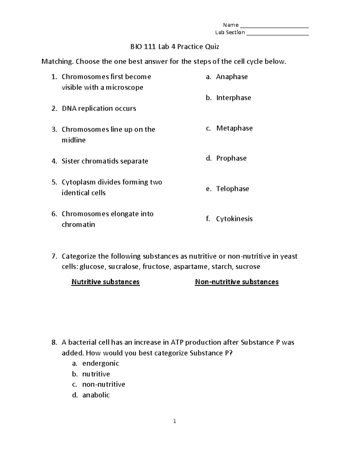 BIO 111 Lab 4 Practice Quiz: Exploring the Cell Cycle and Fermentation ...