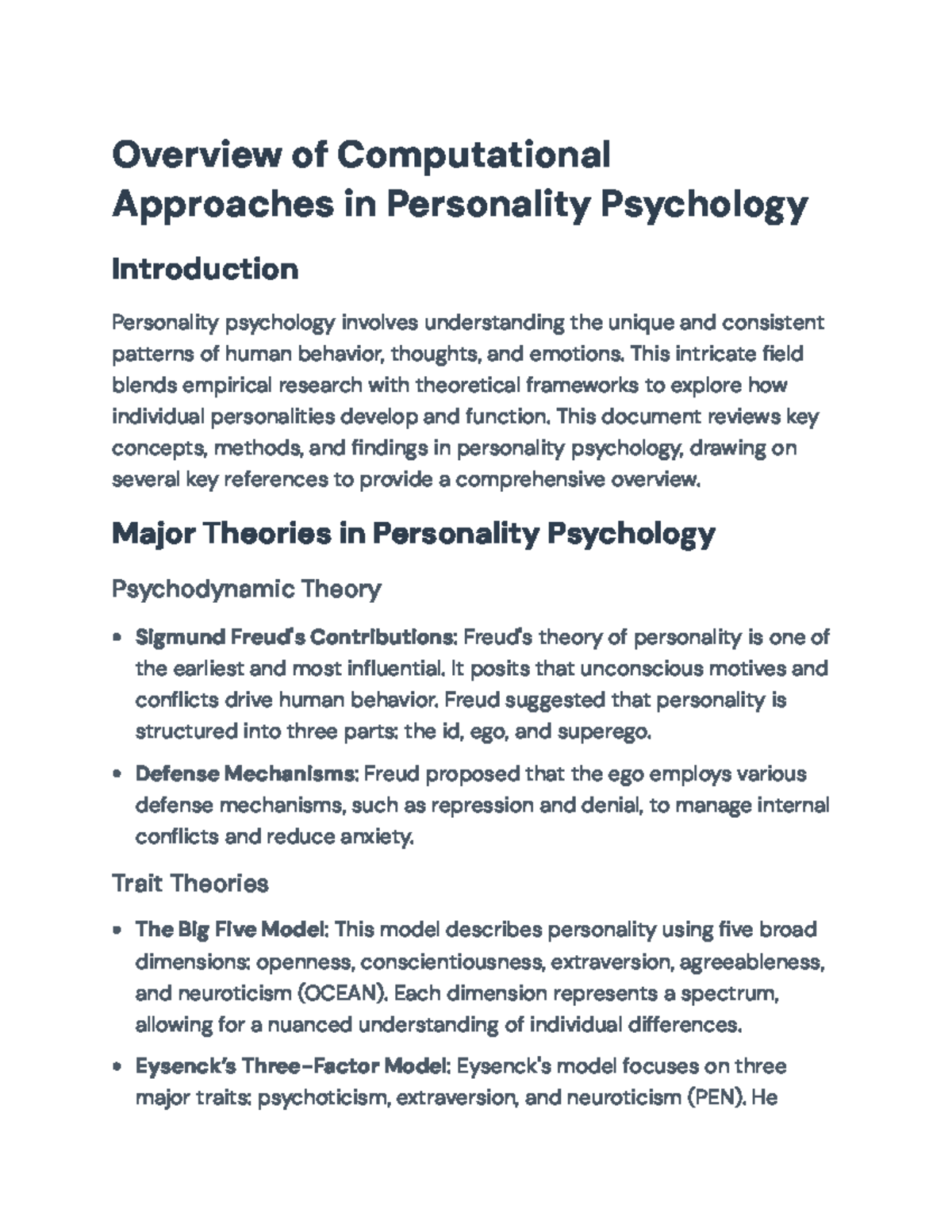 Overview of Key Theories and Methods in Personality Psychology (PSY101 ...