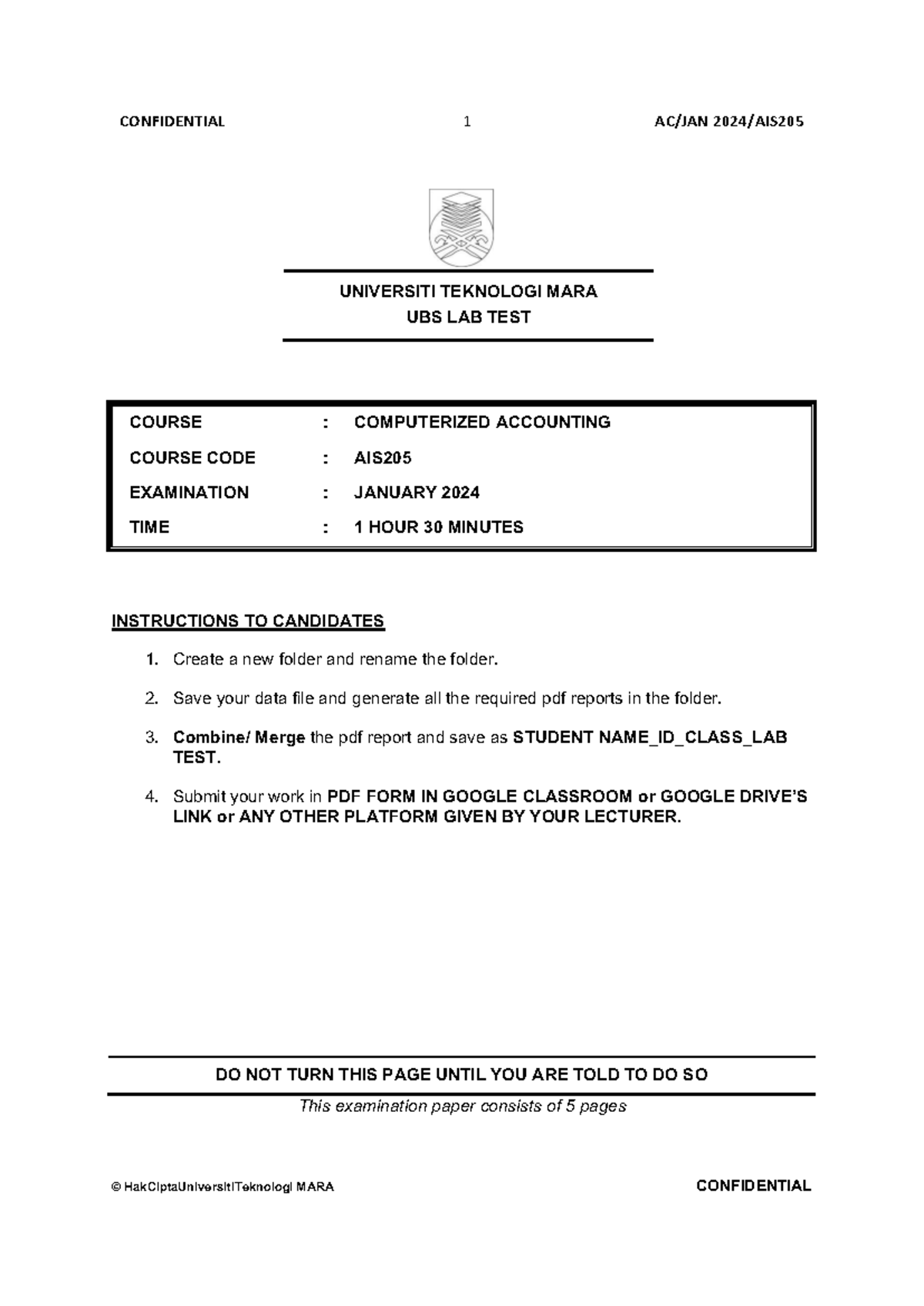 UBS LAB TEST AIS205 - Computerized Accounting Exam Jan 2024 - Studocu