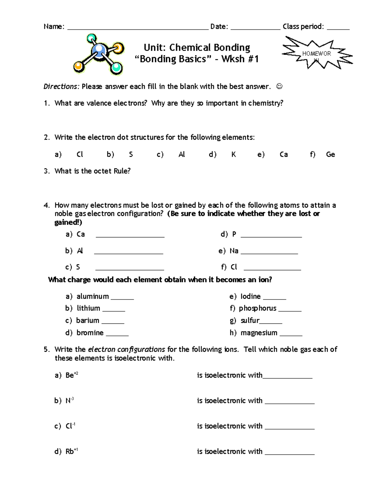Wksh1-Chemical Bonding Basics and Valence Electrons - Studocu