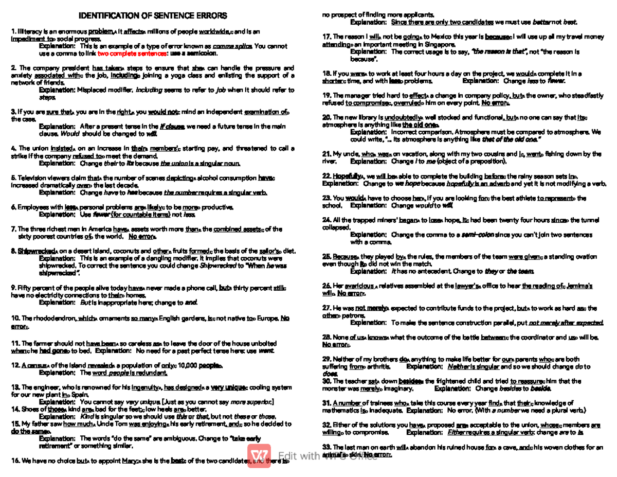 Identification OF Sentence Errors - IDENTIFICATION OF SENTENCE ERRORS Illiteracy is an enormous ...