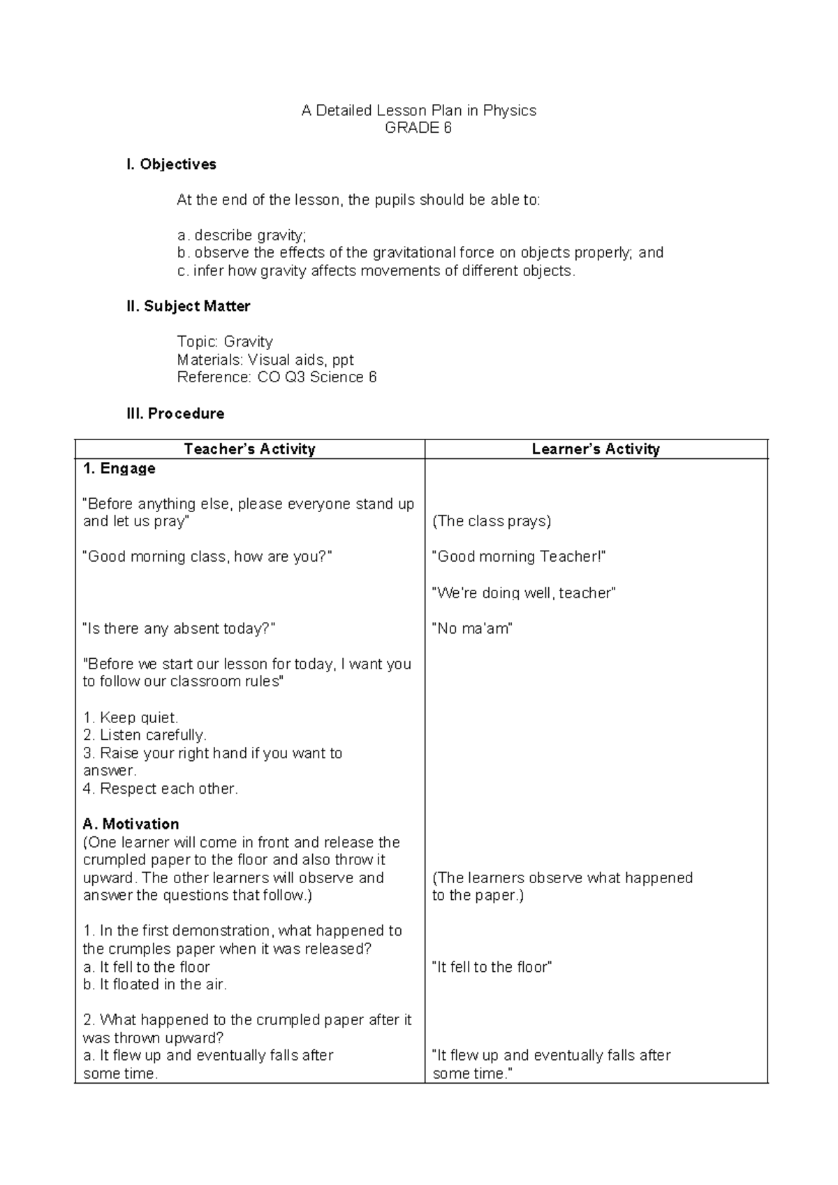 Magbanlag Gravity DLP - A 5Es Lesson plan for teaching in elementary ...