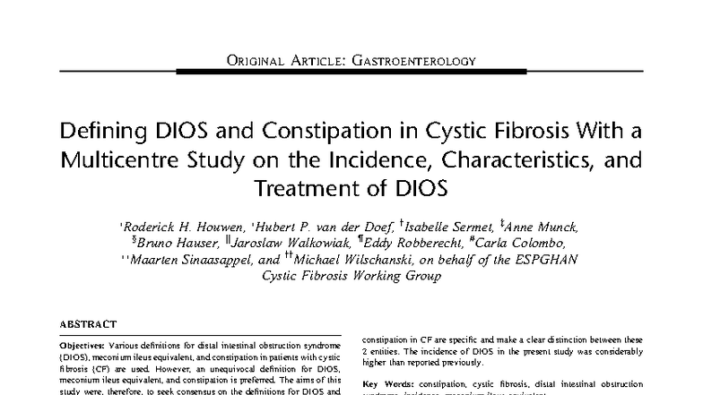 Defining DIOS and Constipation in Cystic Fibrosis: A Multicentre Study ...