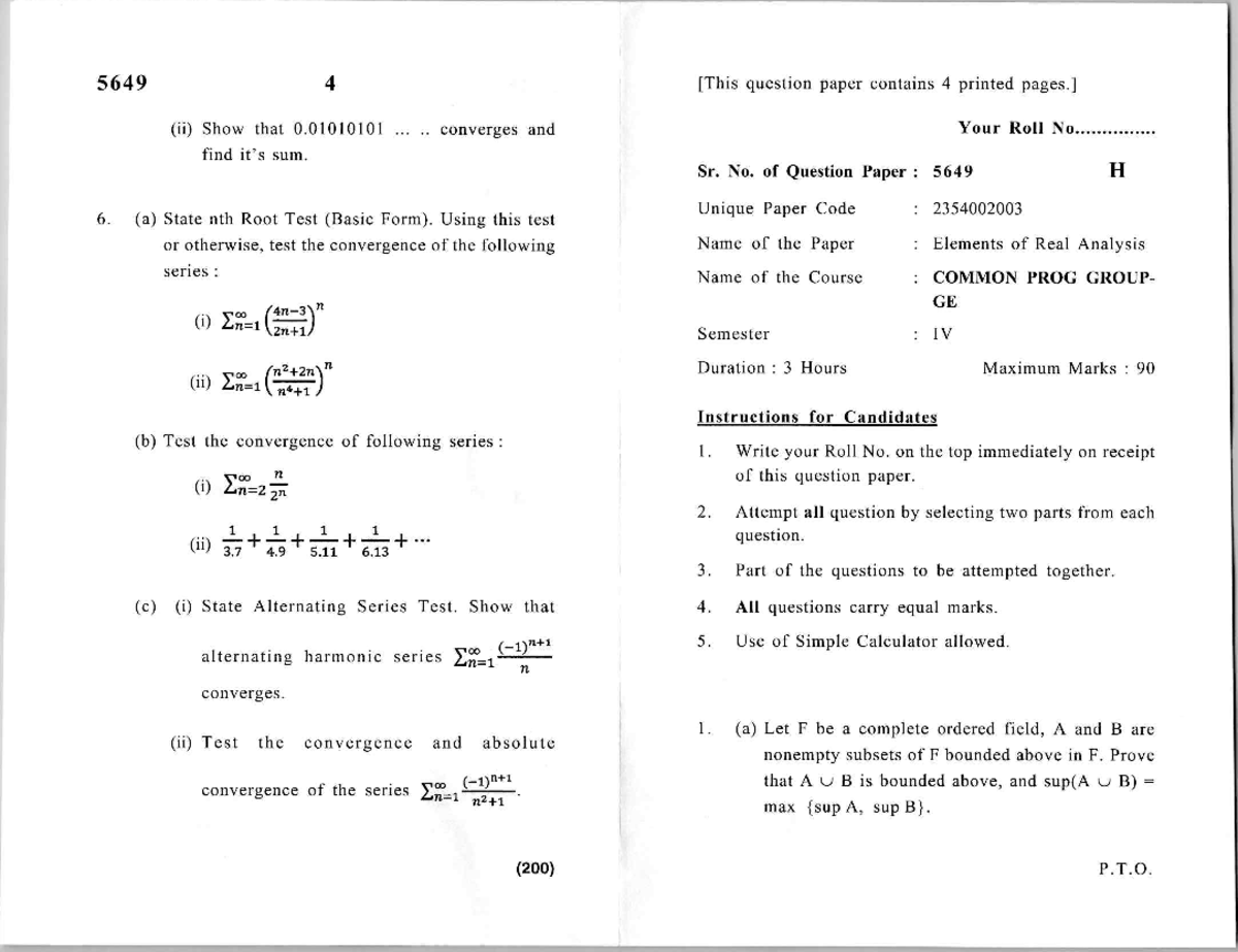 Elements of Real Analysis (5649) - PYQ on Convergence Tests - Studocu