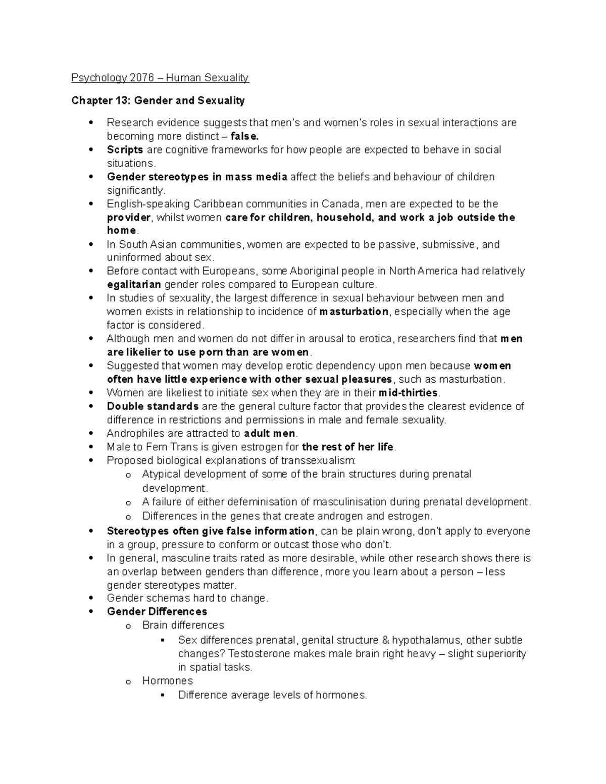 Psychology 2076 - Midterm Study Notes on Gender, Sexuality, and ...